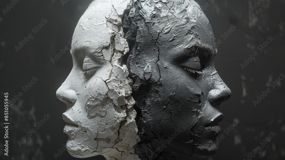Cracked sculpture of a face splitting into two different colors Stock ...