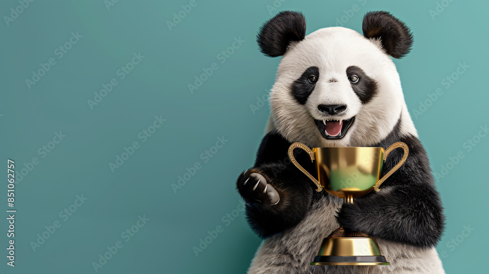 Happy panda cartoon holding a gold trophy against a solid teal backdrop ...