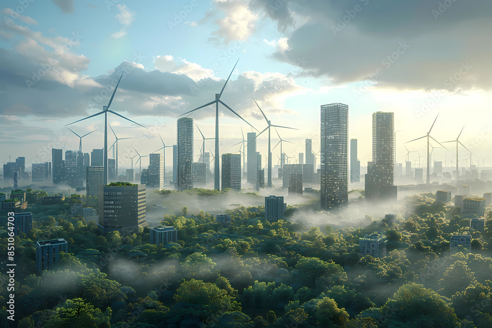 depicting urban decarbonisation, city skyline with wind turbines ...