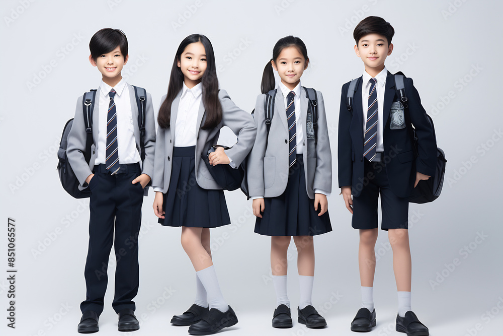 Four asian students in formal school uniforms with backpacks Stock ...