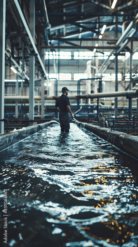 Worker in an industrial aquaculture facility, navigating through water ...