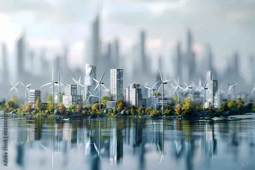depicting urban decarbonisation, city skyline with wind turbines ...