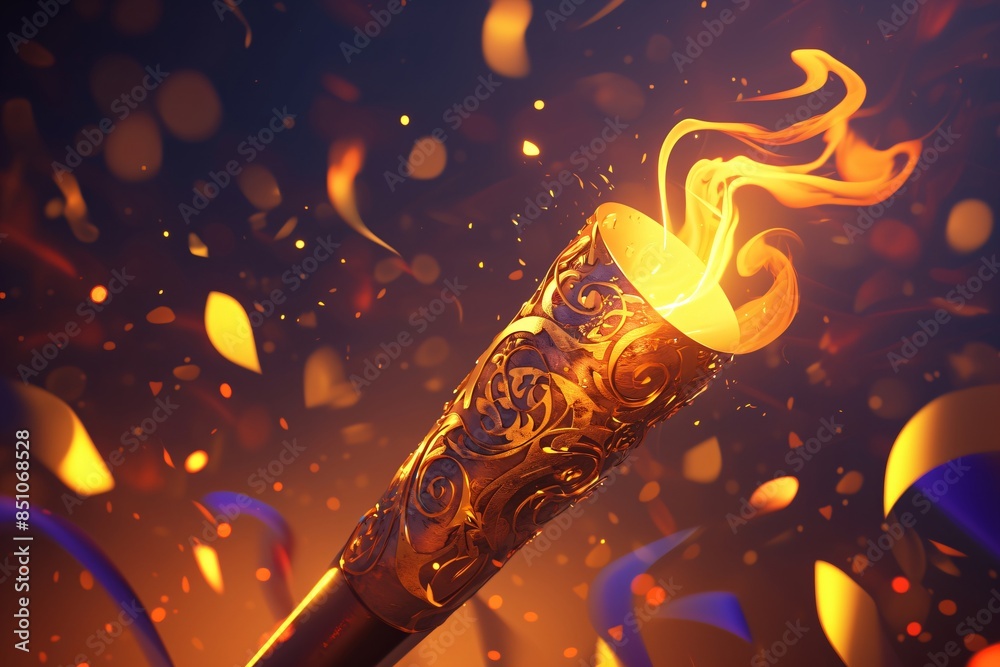 Torch with flame on blurred dark background with lights and sparkles ...