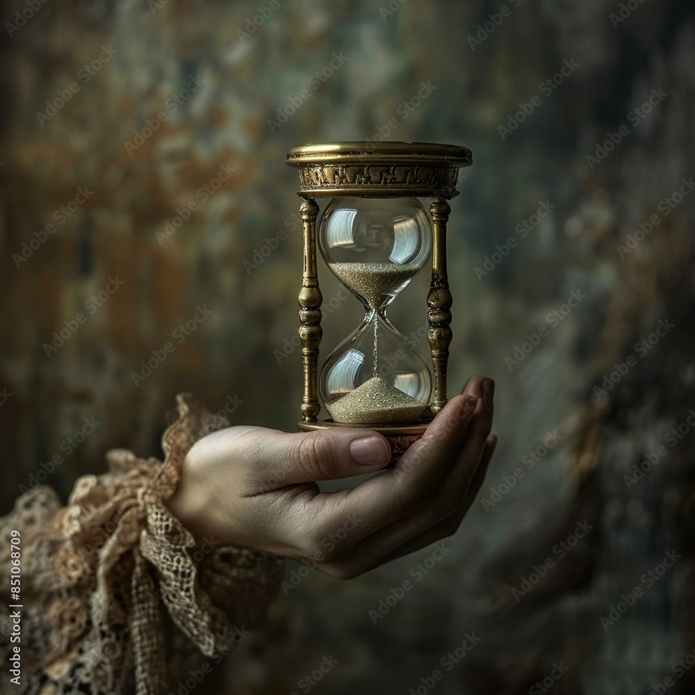 Hourglass in the soft, feminine hand of a woman. Image that evokes ...