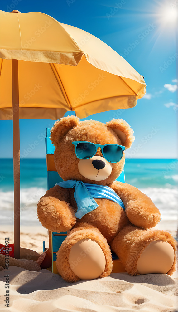 Cuddly Teddy bear under umbrella shade lying on the tropical beach ...