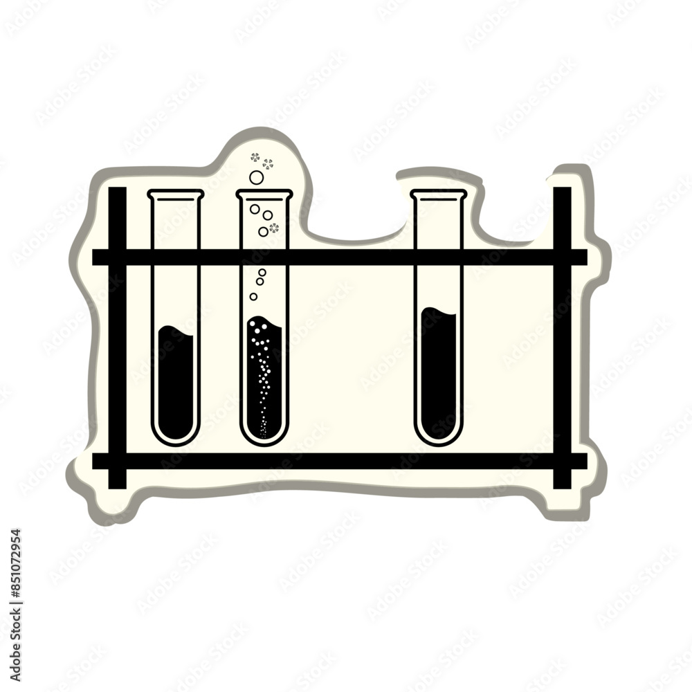 A sticker test tubes on a stand. Vector drawing. Black and white and ...