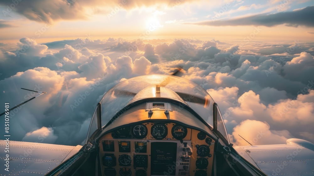 A pilot is view from the cockpit and control panel of an airplane ...