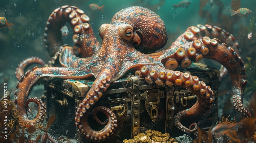 Giant pacific octopus guarding treasure chest at the bottom of the ...