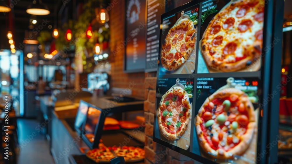 Close-up of digital menu board in restaurant showing various pizzas ...