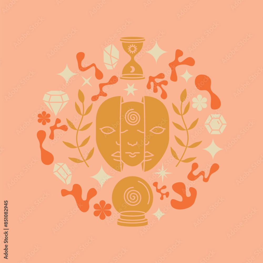 Vector composition of magical tools in the shape of a circle. Bright ...