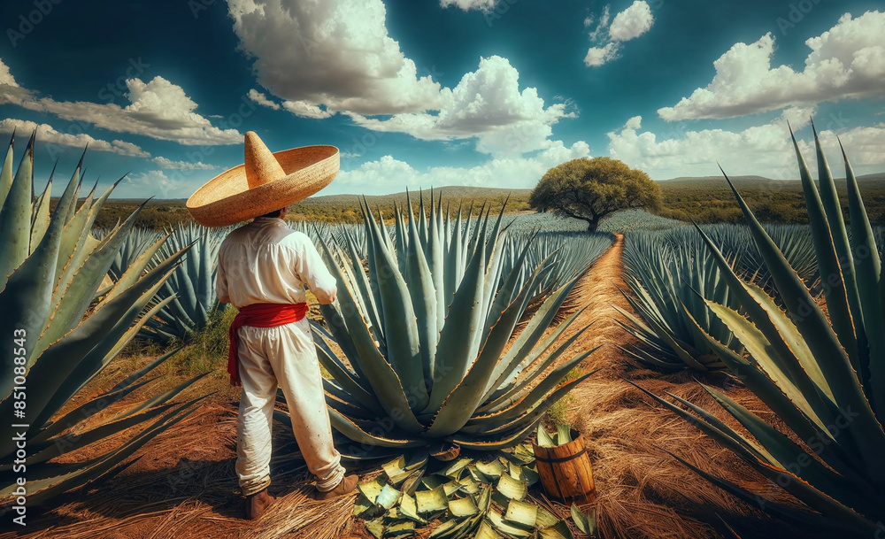 Indigenous Mexican rancher man with traditional hat working harvesting ...
