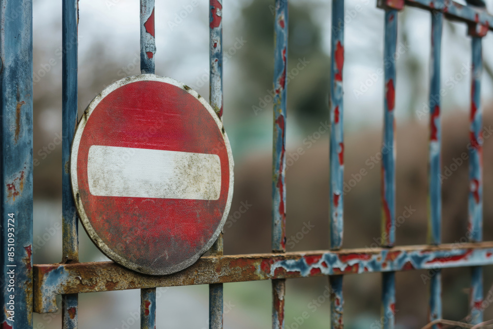 Old and worn no entry sign mounted on a rusting blue gate, symbolizing ...