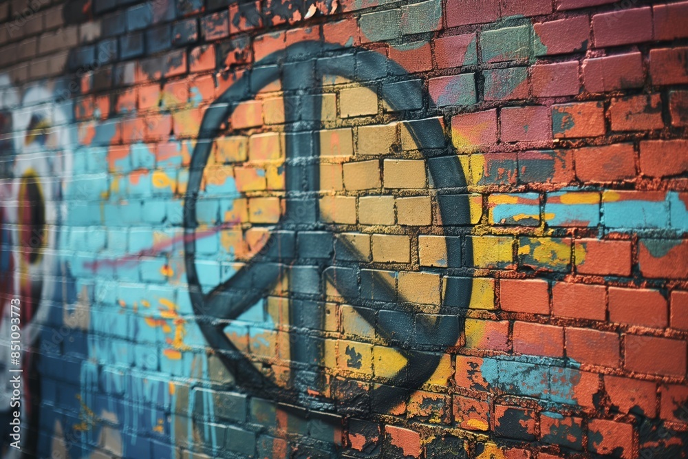 Vibrant and colorful urban peace symbol graffiti on a city street wall ...