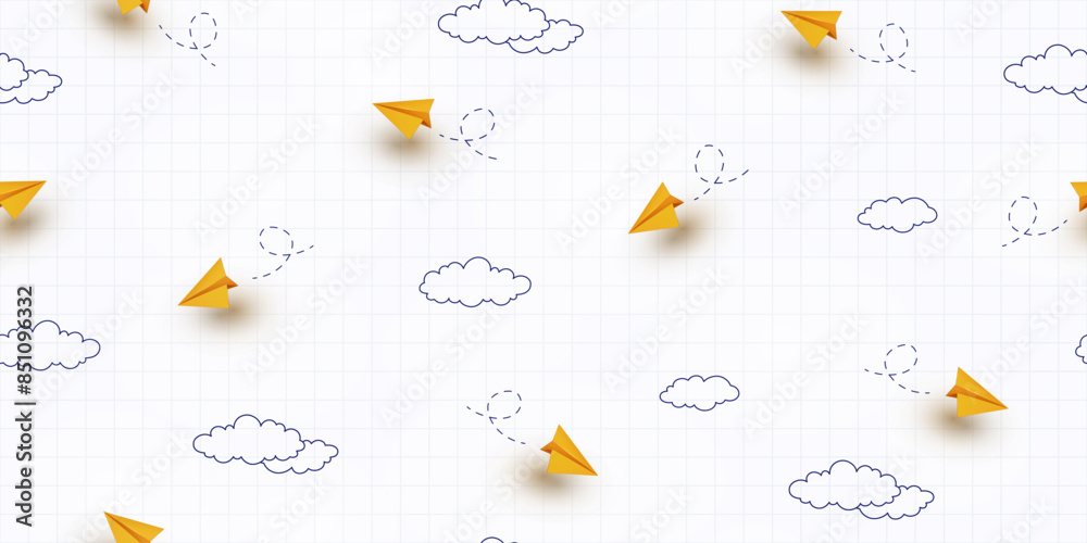 School notebook background. 3d flying yellow paper airplanes, children ...