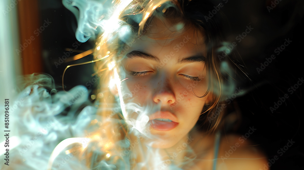 a close-up of a woman, exhaling smoke, with her eyes closed and a calm ...