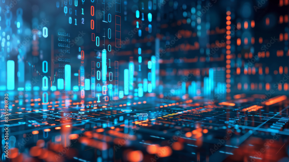 Abstract visualization of digital data with blue and orange binary codes and graphs ...
