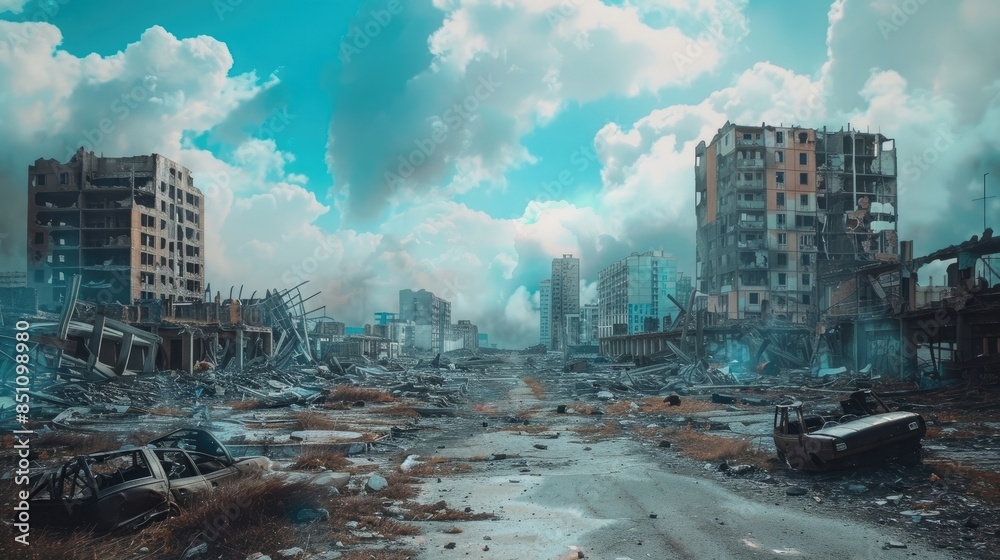 Post apocalyptic city ruins with abandoned buildings and debris, a ...