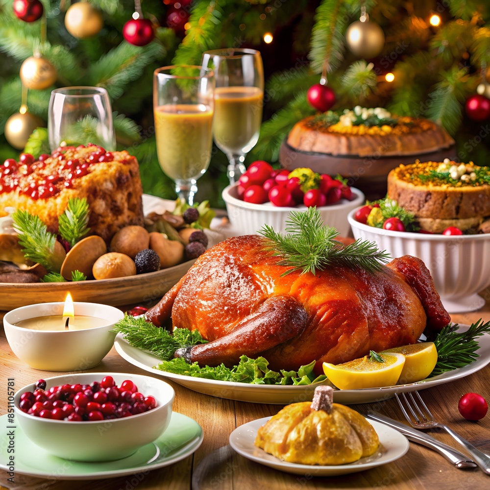 Christmas dishes on holiday table. Traditional food, served meals ...