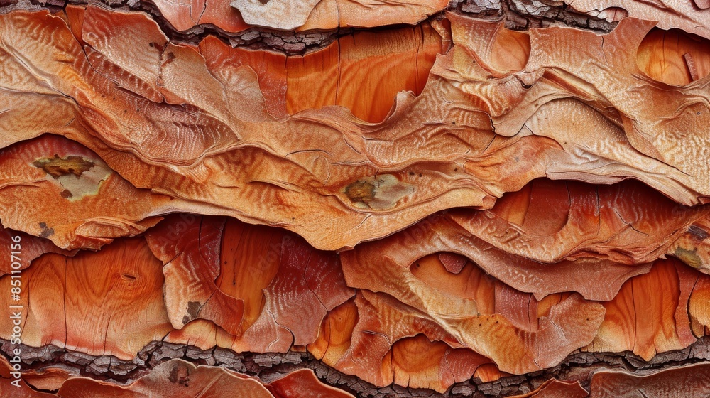 reddish and aromatic bark of a cedar tree,cracked and peeling red paint ...