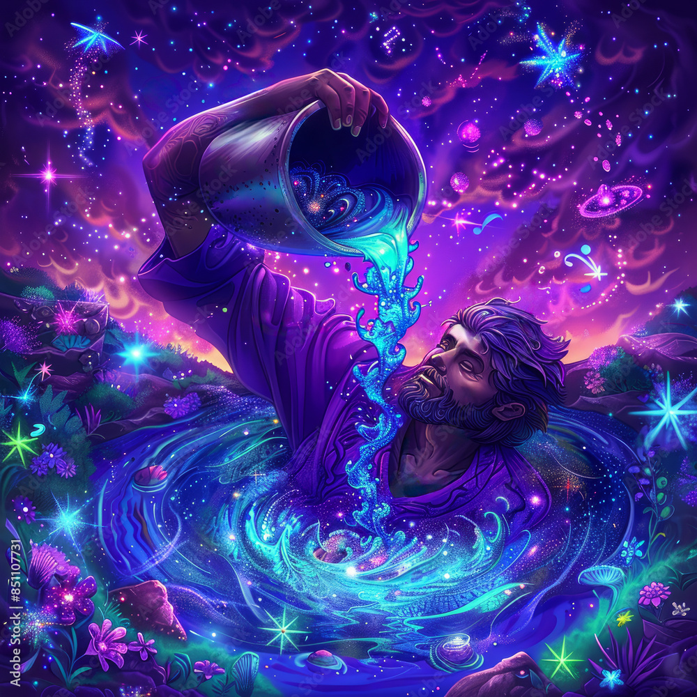 Zodiac sign Aquarius as a man pouring water from a cosmic vessel ...
