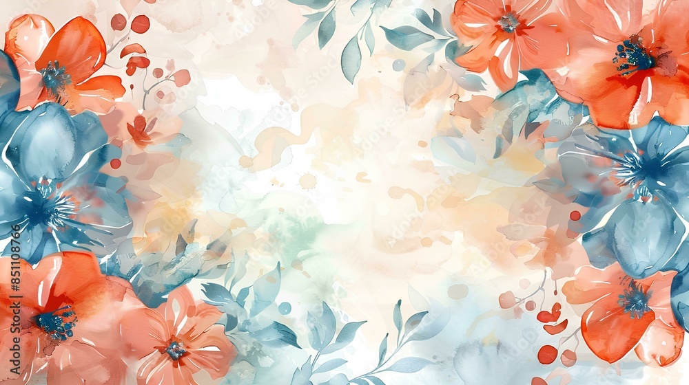 Beautiful orange and blue watercolor floral background with copy space ...