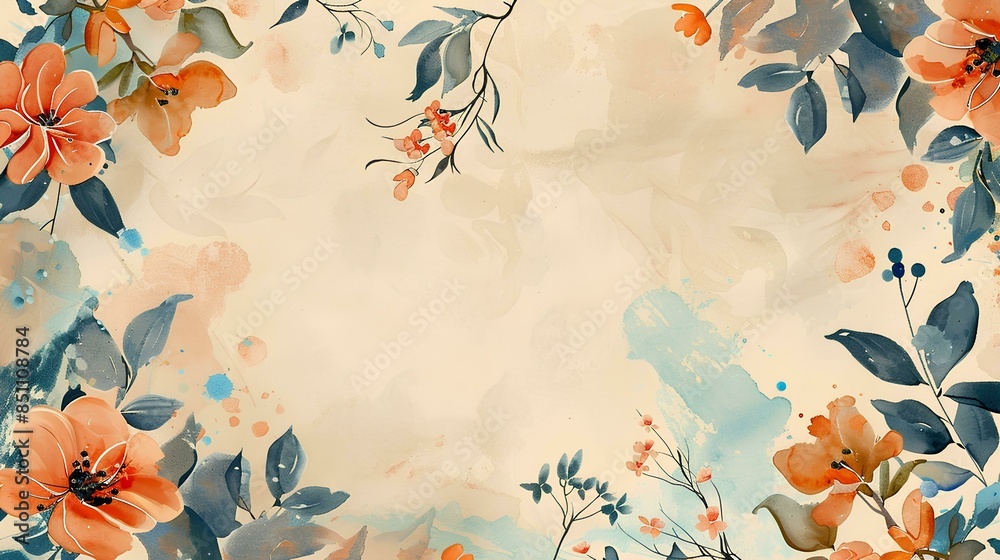 Beautiful orange and blue watercolor floral background with copy space ...