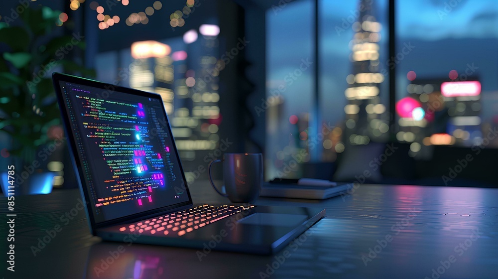 Close up of a laptop with colorful code on the screen, against a ...