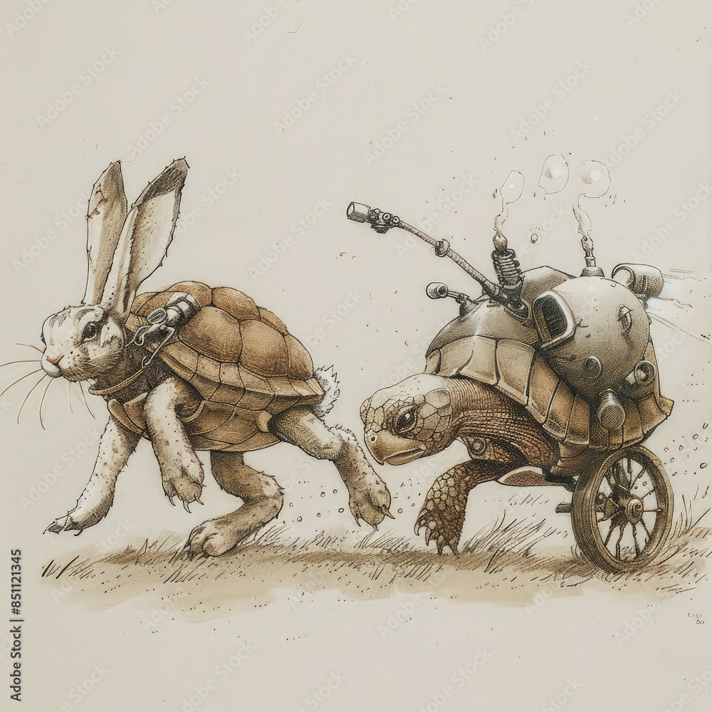 Turtle hare race with turtle wearing a jet pack and wheels. Rabbit ...