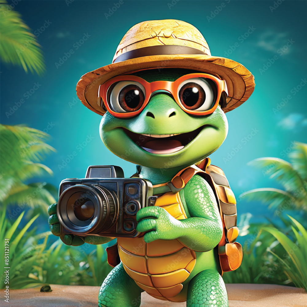 Cute 3D themed image of a friendly turtle with an old camera case ...