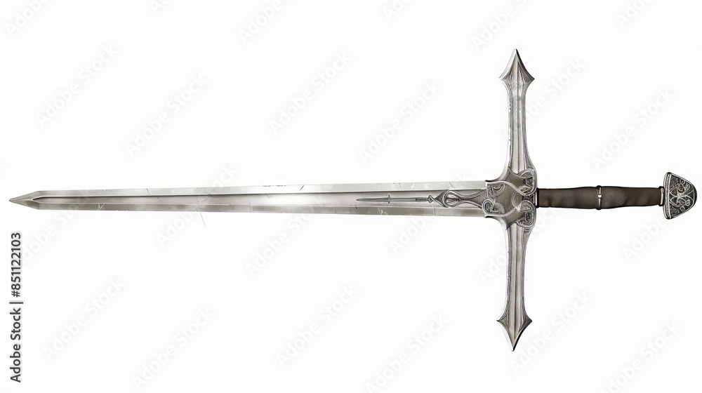 A medieval longsword with a crossguard and a decorated pommel, isolated ...