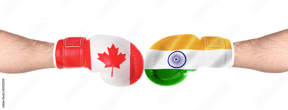 Political conflict. Men in boxing gloves with flags of Canada and India ...
