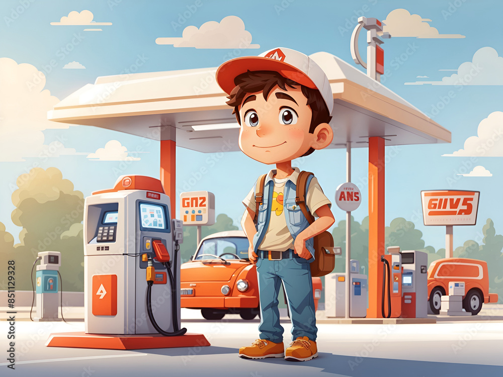 Male clerk at a gas station, Cartoon Character. Man Standing on the Gas ...