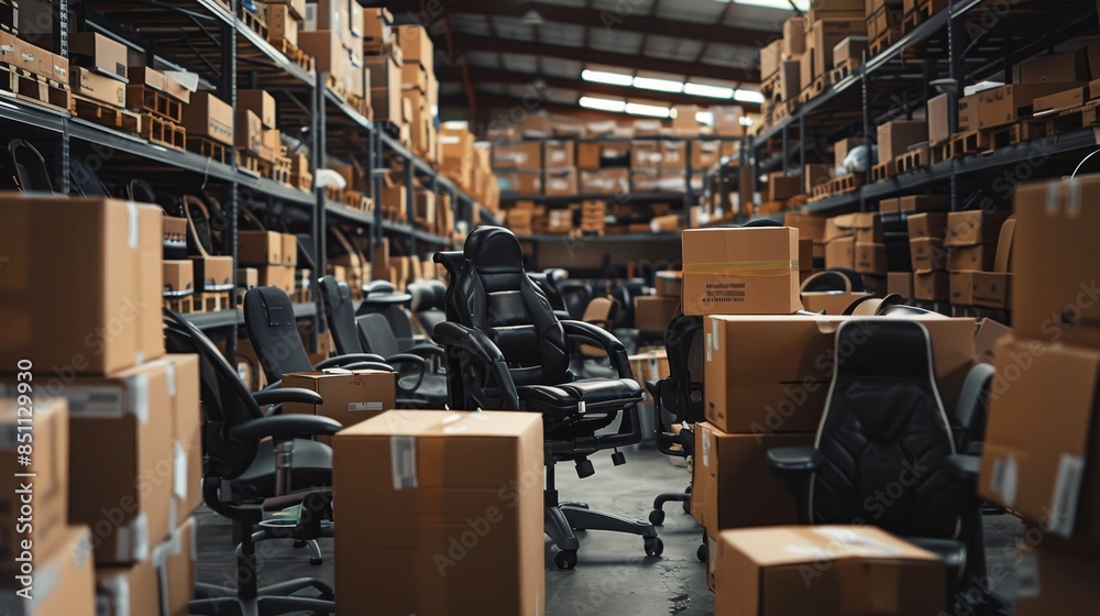 Office chairs being packed into cardboard boxes, busy warehouse ...