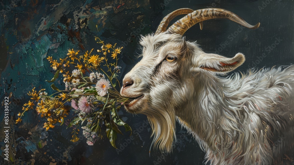Portrait of a goat chewing flowers, intricate details of fur and petals ...