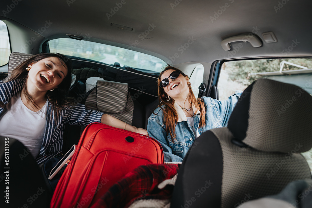 Cheerful female friends enjoying a fun road trip together, sitting in ...