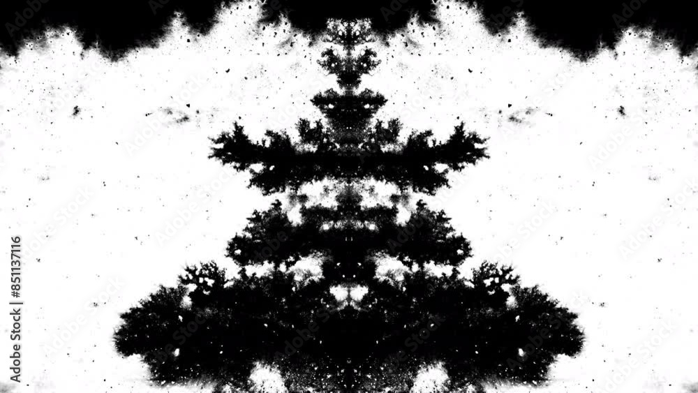 Black ink rorschach effect abstract background artistic flow splatter spots spills white paper ...