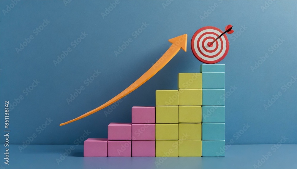 Curved line arrow jumping on colorful stair blocks from below to the ...