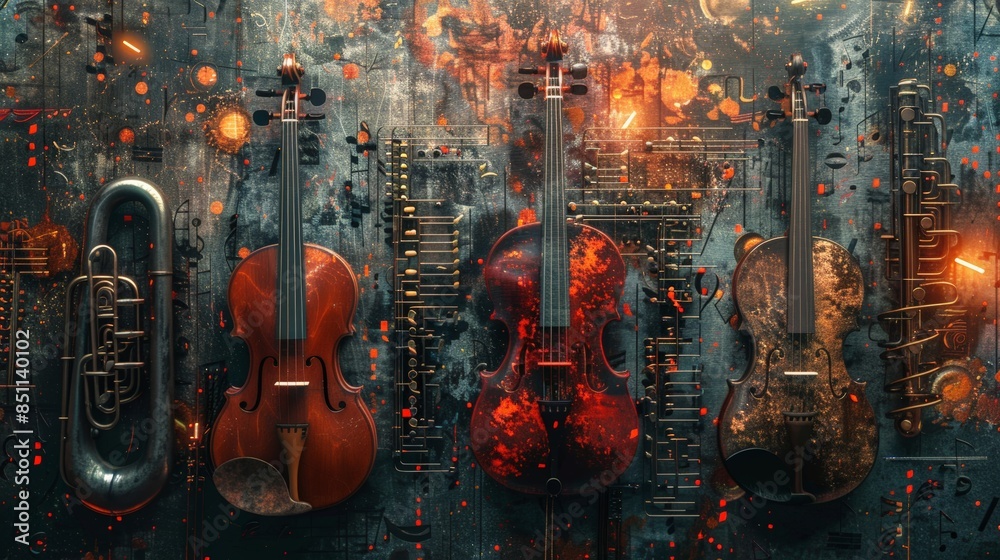 Vintage Instruments with Digital Music Notes: Create a background with ...