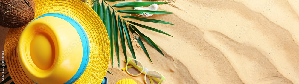 Sand beach background banner design, summer yellow hat, beach ball ...