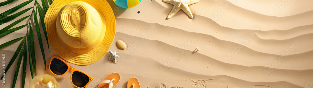 Sand beach background banner design, summer yellow hat, beach ball ...