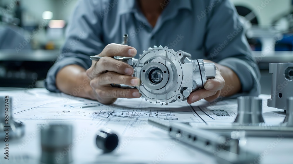 Engineer technician designing drawings mechanical parts engineering ...