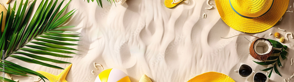 Sand beach background banner design, summer yellow hat, beach ball ...