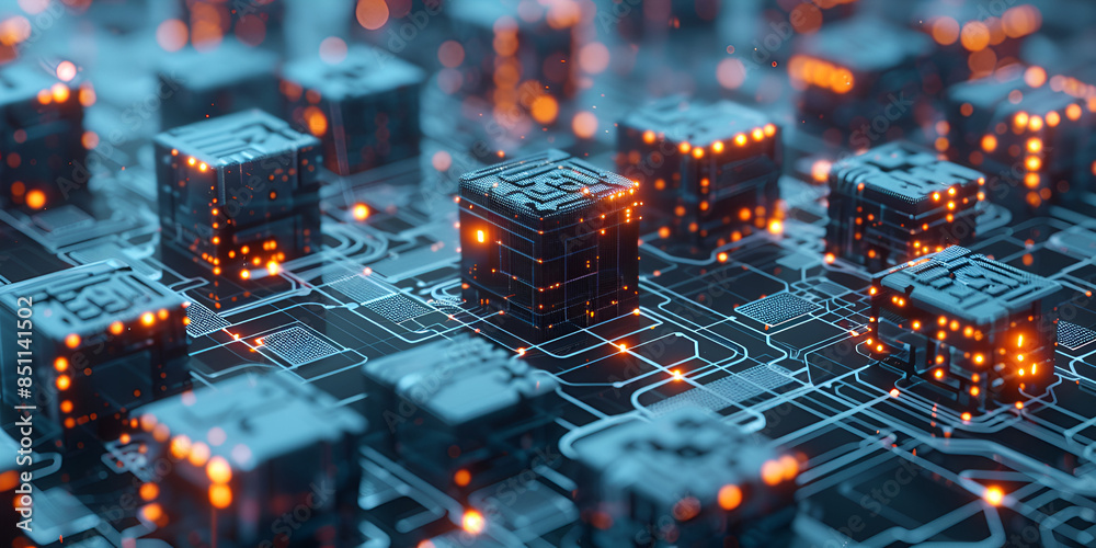 Circuit board with microchips and connections. 3d rendering, Abstract technology and circuit ...