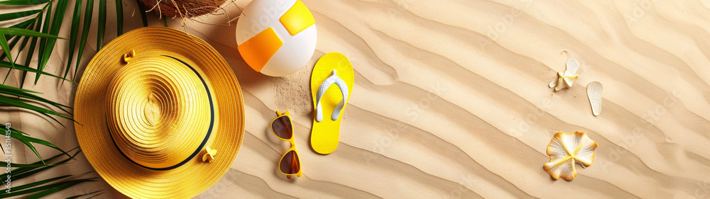 Sand beach background banner design, summer yellow hat, beach ball ...