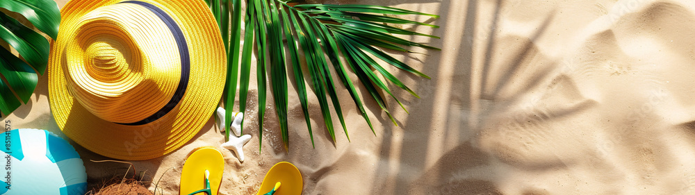 Sand beach background banner design, summer yellow hat, beach ball ...