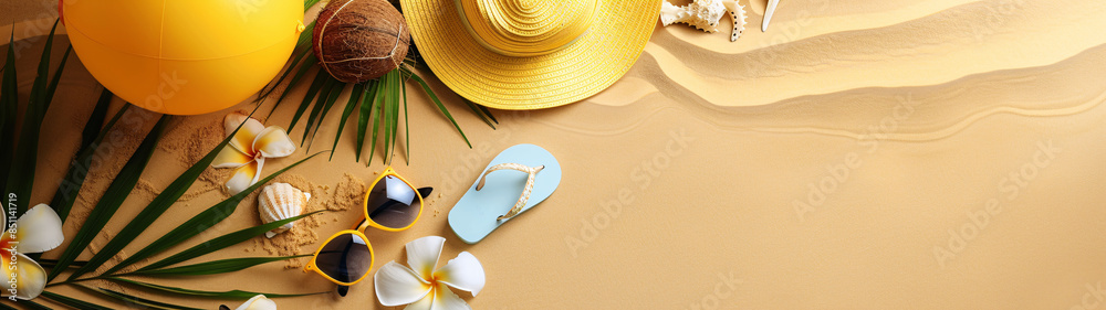 Sand beach background banner design, summer yellow hat, beach ball ...