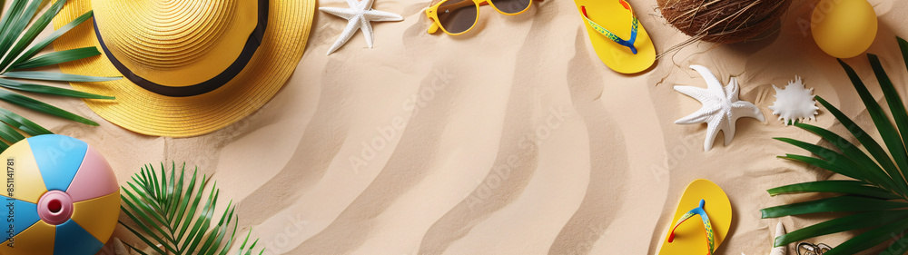 Sand beach background banner design, summer yellow hat, beach ball ...