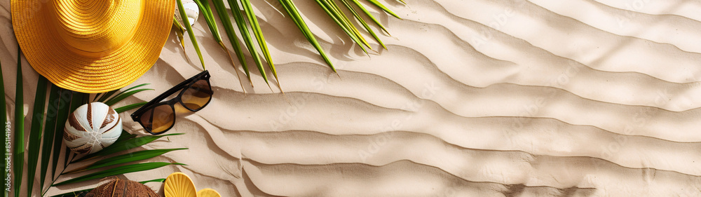 Sand beach background banner design, summer yellow hat, beach ball ...