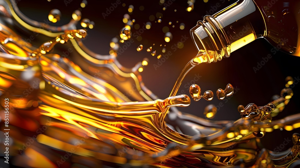 Engine synthetic or mineral oil, car lubricant spilling with splash ...