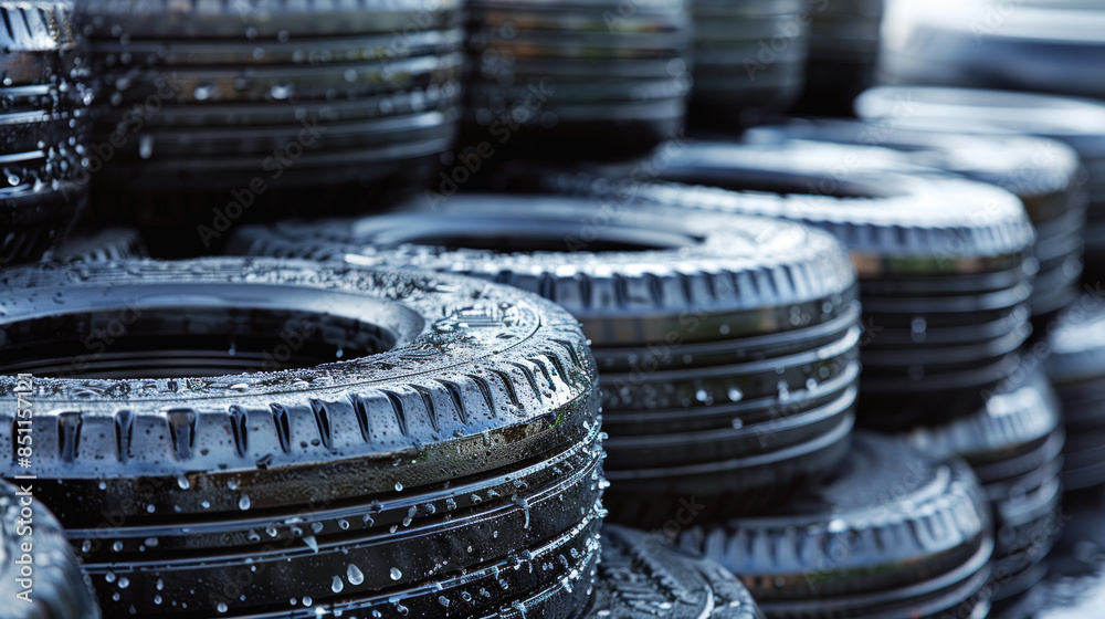 A stack of black tires with water droplets on them. The tires are piled ...